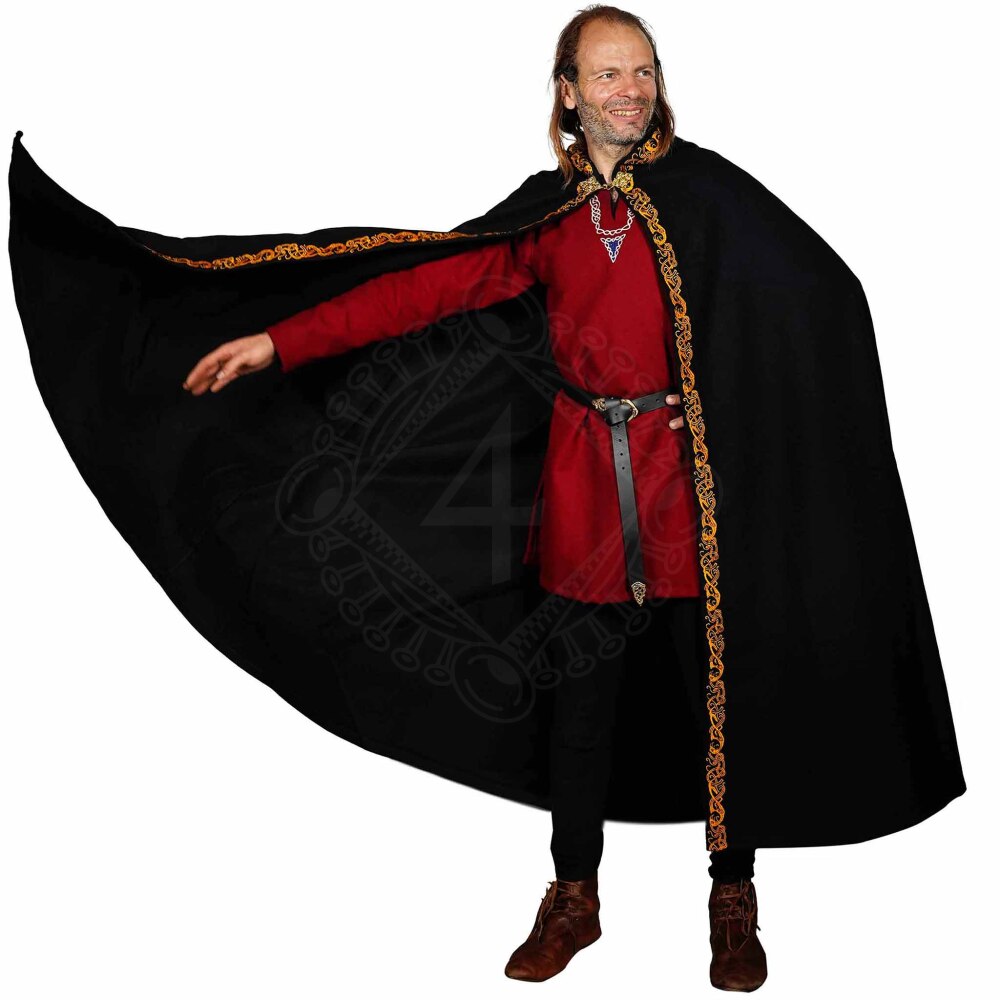 Medieval Wool Hooded Cloak, Gold Embroidered Trim, Brass Clasp for LARP ...