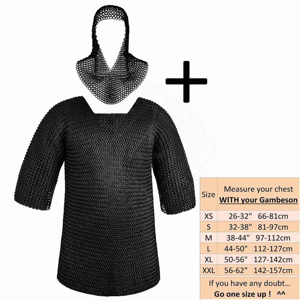 Chainmail Shirt with Coif, Blackened Butted Mild Steel Rings Ø10mm ...