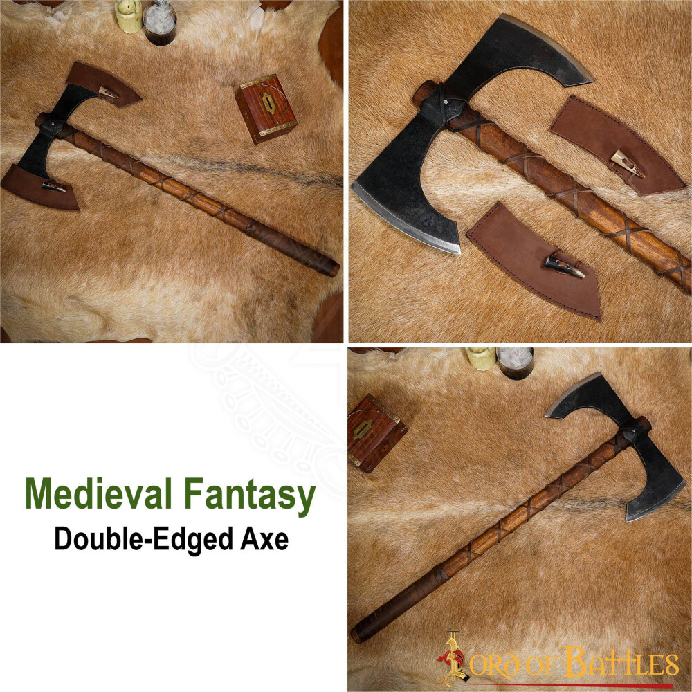 Double-Edged Axe with Ash Handle and Leather Sheats, Functional ...