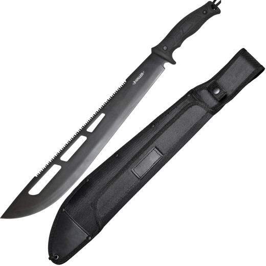 Front-heavy machete with saw on the back of the blade, black coated ...