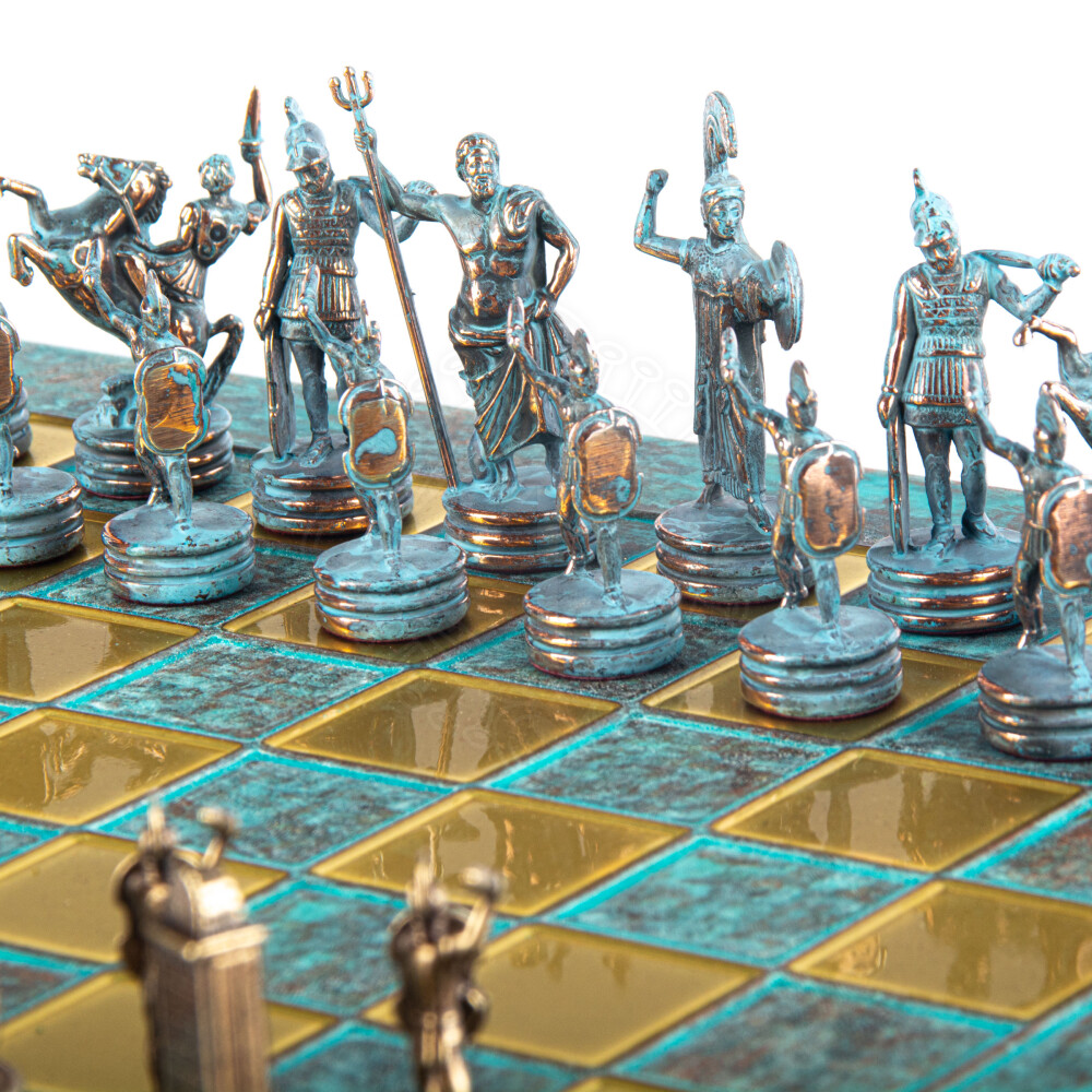 Greek Mythology Chess Set with blue/brown chessmen and brass chessboard ...