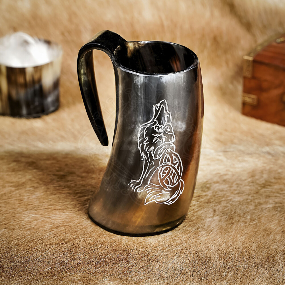 Horn Tankard Beer Mug with engraved Wolf 600ml | Outfit4events