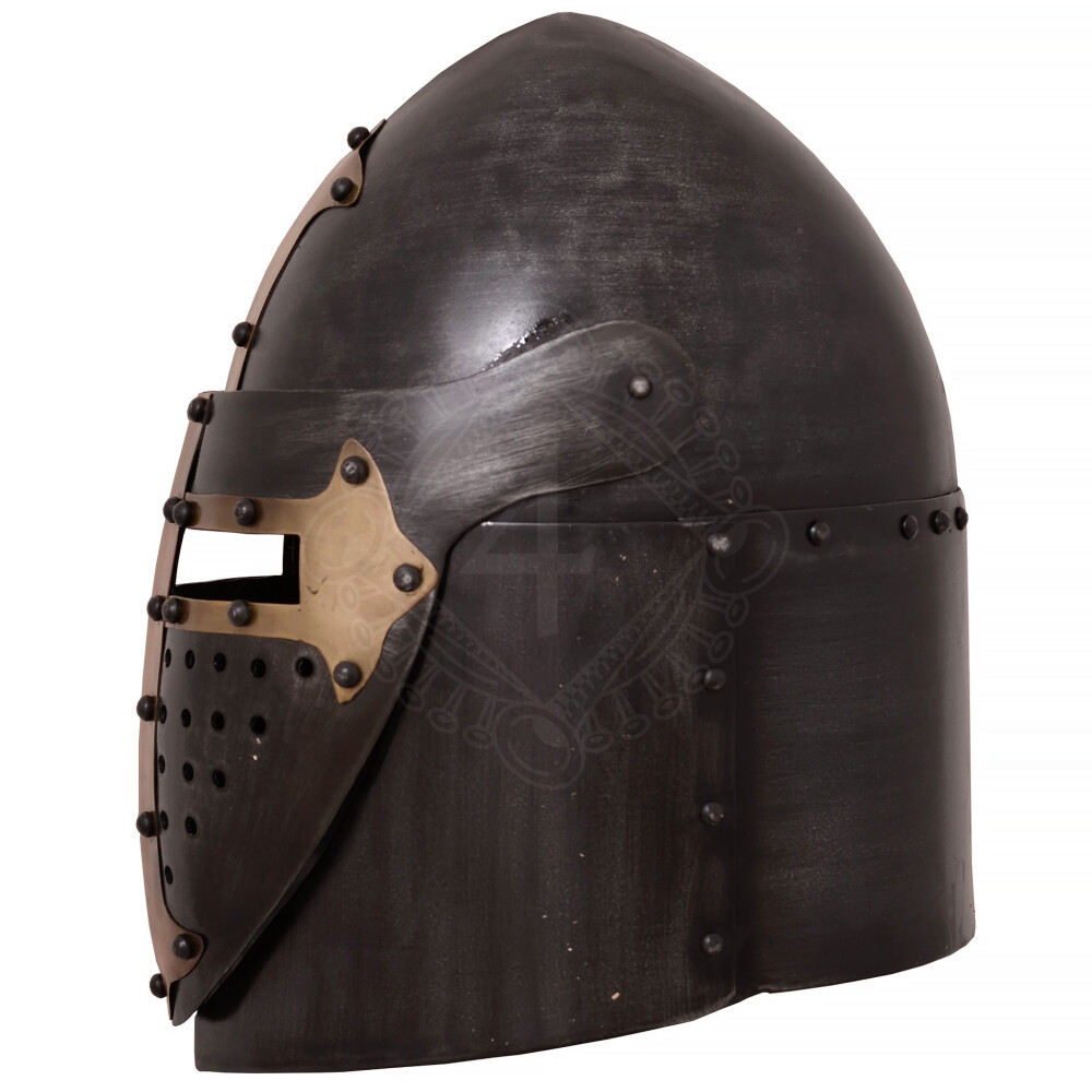 Topfhelm mit klappbarem Visier, 1,6mm Stahl, Antikfinish | Outfit4events