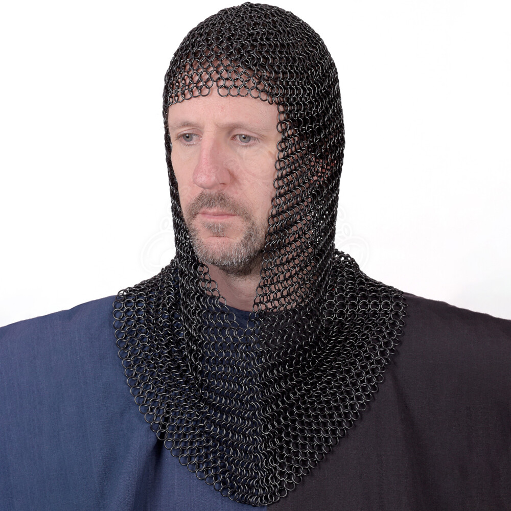 Chain mail coif with V-face, blackened | Outfit4events